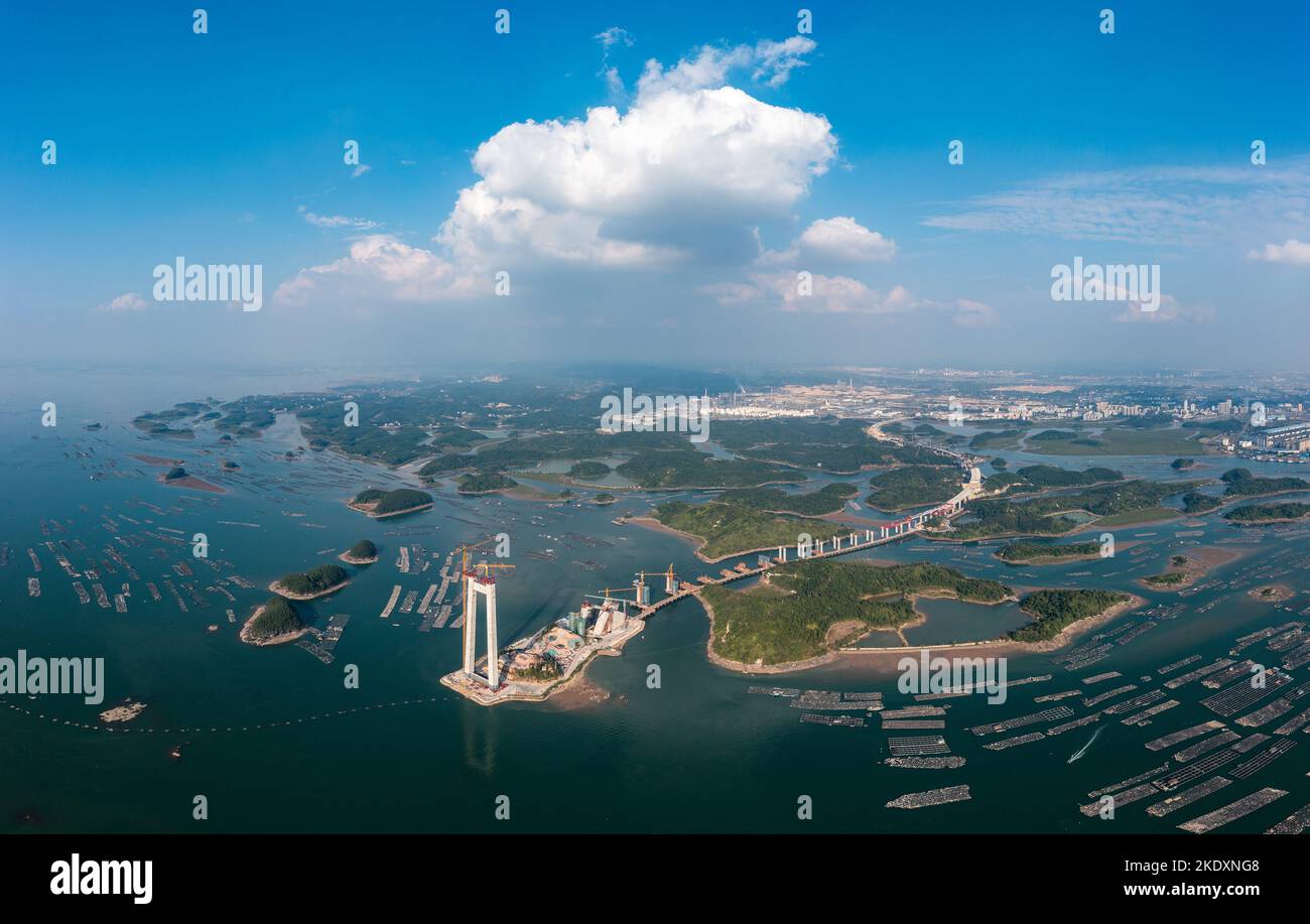 Aerial photos show the Longmen Bridge in construction in Qin zhou City ...