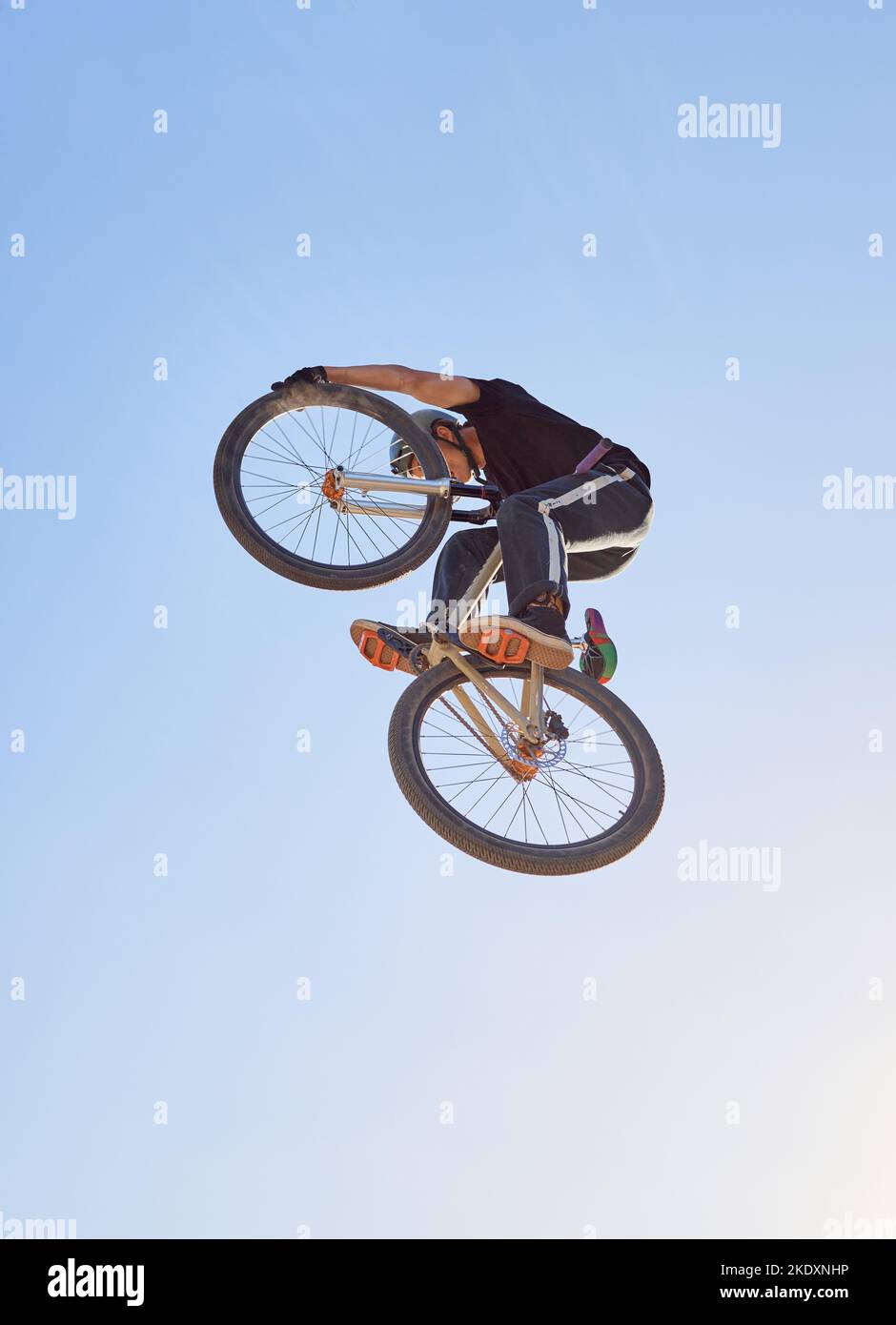 Mountain bike, speed and sports with a man jumping in the air during a ...