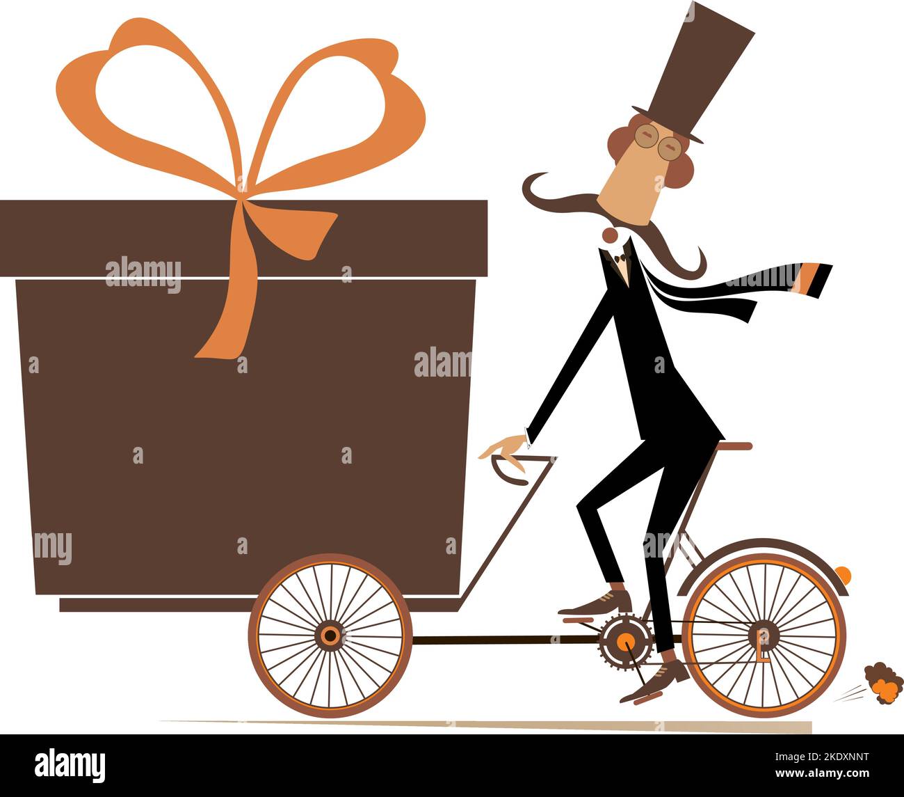Holiday. Cycling man with present box illustration. Cartoon long ...