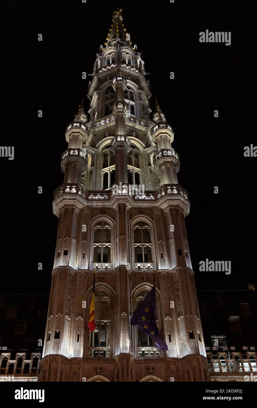 From below view of exterior of Brussels town hall tower at night Stock ...