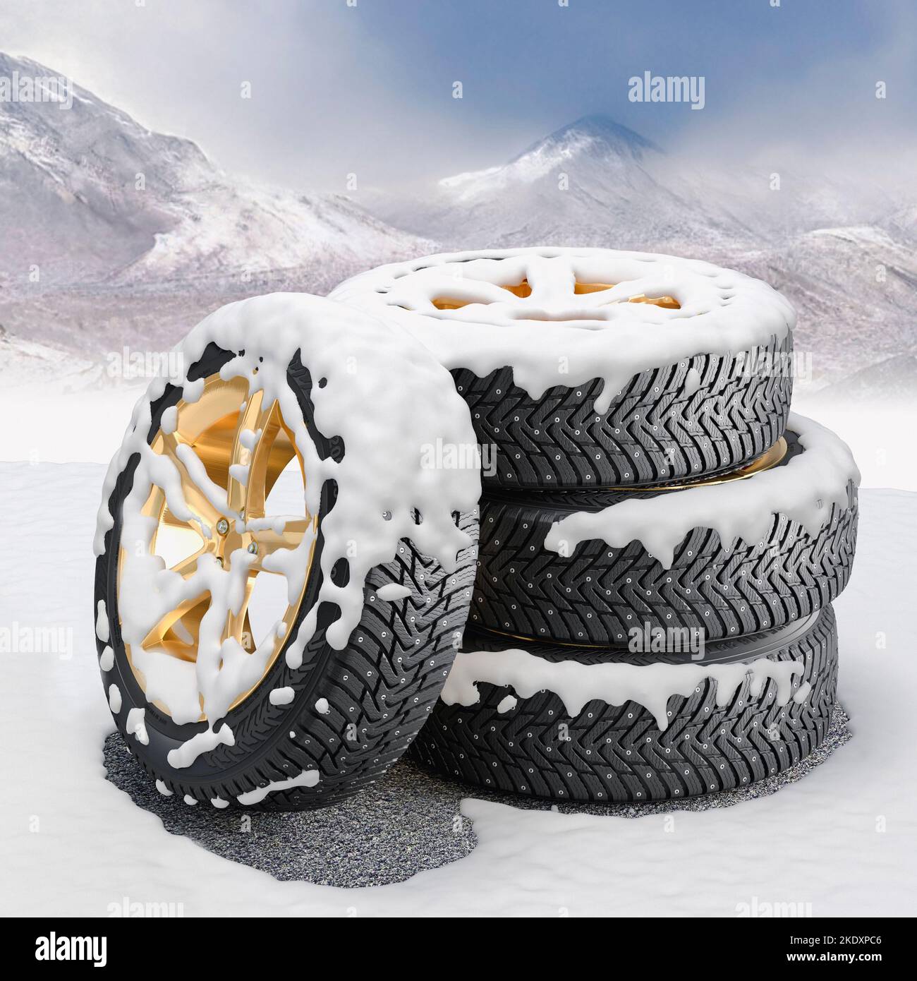 winter tires covered by snow mountains background Stock Photo - Alamy
