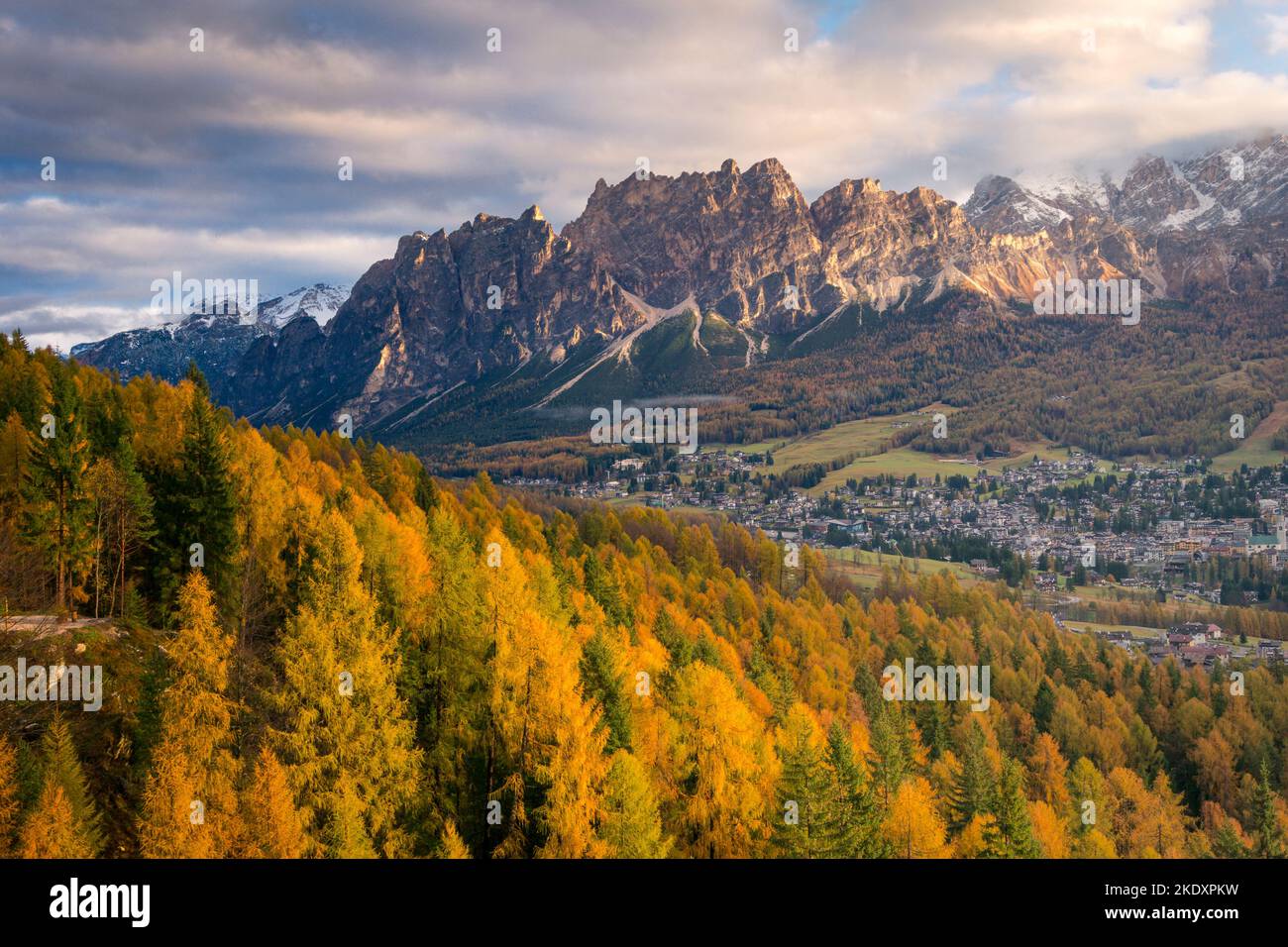 Majestic valley of Dolomite Alps with high mountains and deciduous ...