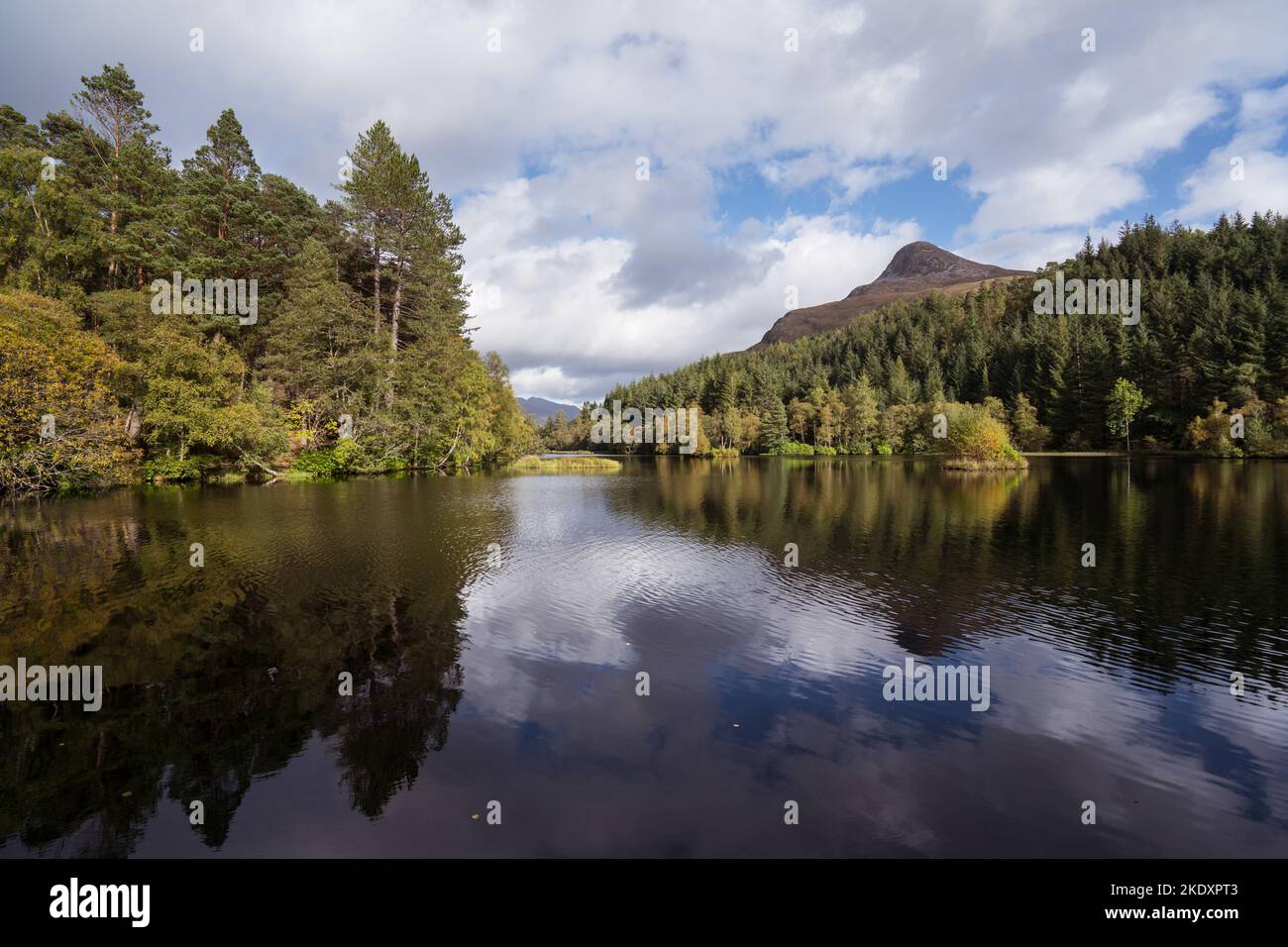 Breathtaking view of glencoe lochan lake surrounded with lush trees on ...
