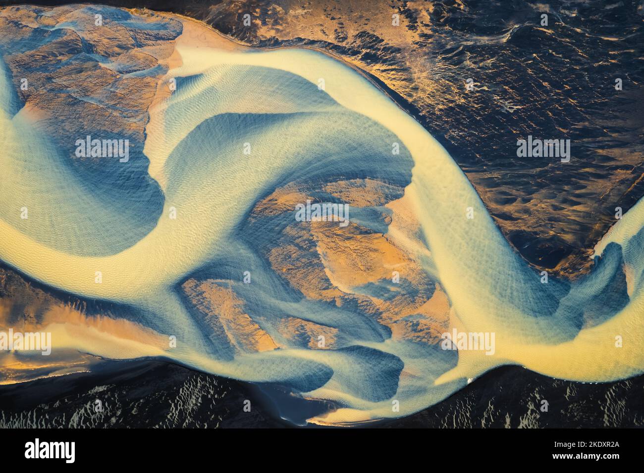 Abstract background of bright blue river flowing near mountains and ...