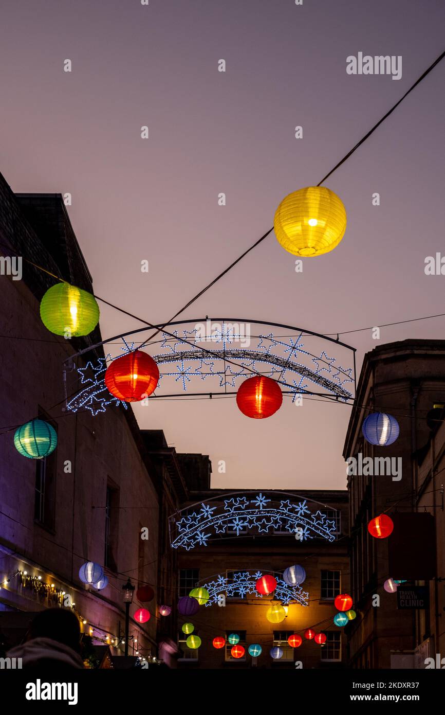 Suspended Chinese Christmas lanterns in the streets of Bath Stock Photo - Alamy