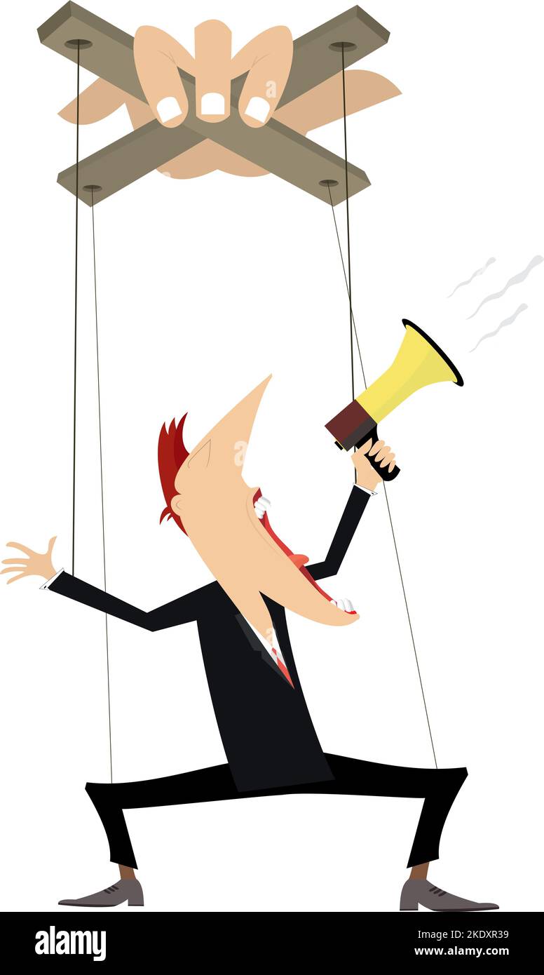 Master, puppet man, megaphone and news. Master controls another man ...
