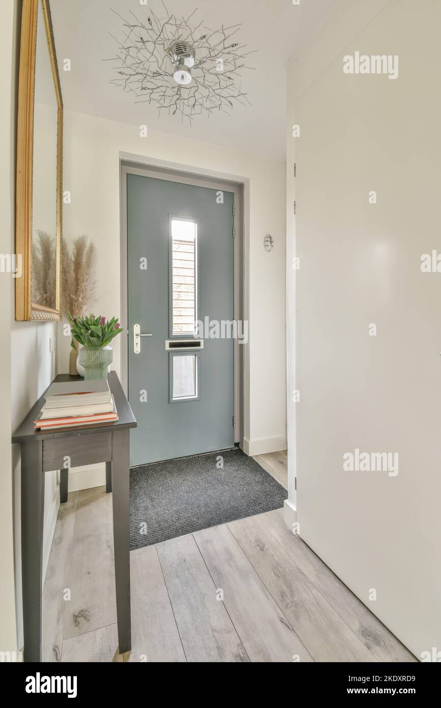 Interior passage way with mirror on wall in modern house and door Stock ...