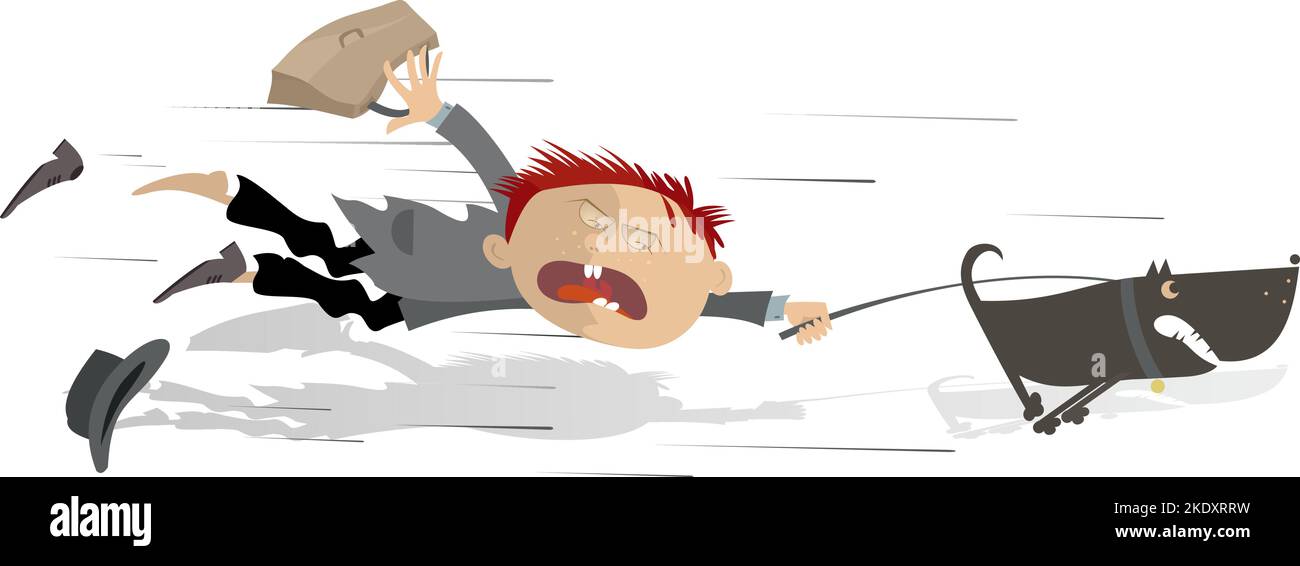 Funny man and disobedient dog illustration. Cartoon young man tries to ...