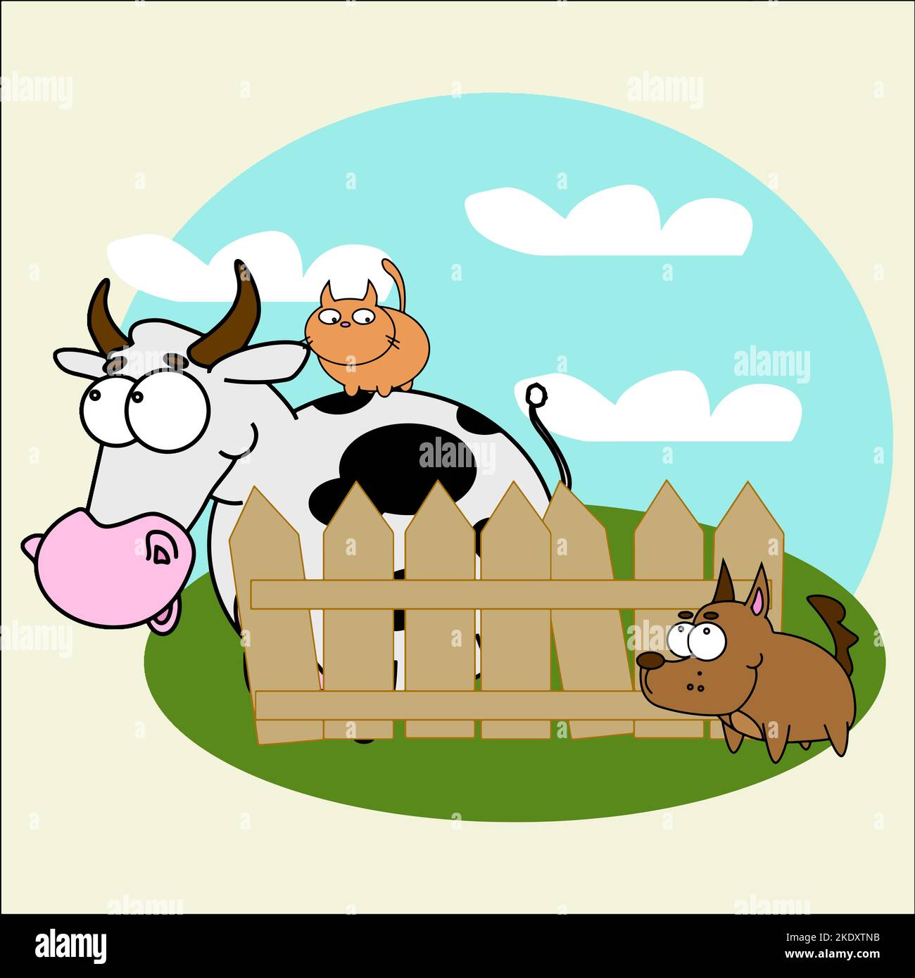 Cute cow with a cat and a dog stand near the fence Stock Vector Image ...