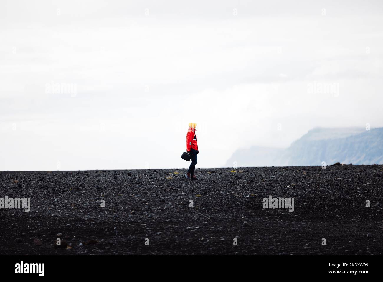 Traveler in a red jacket standing on a black sand beach in Iceland ...
