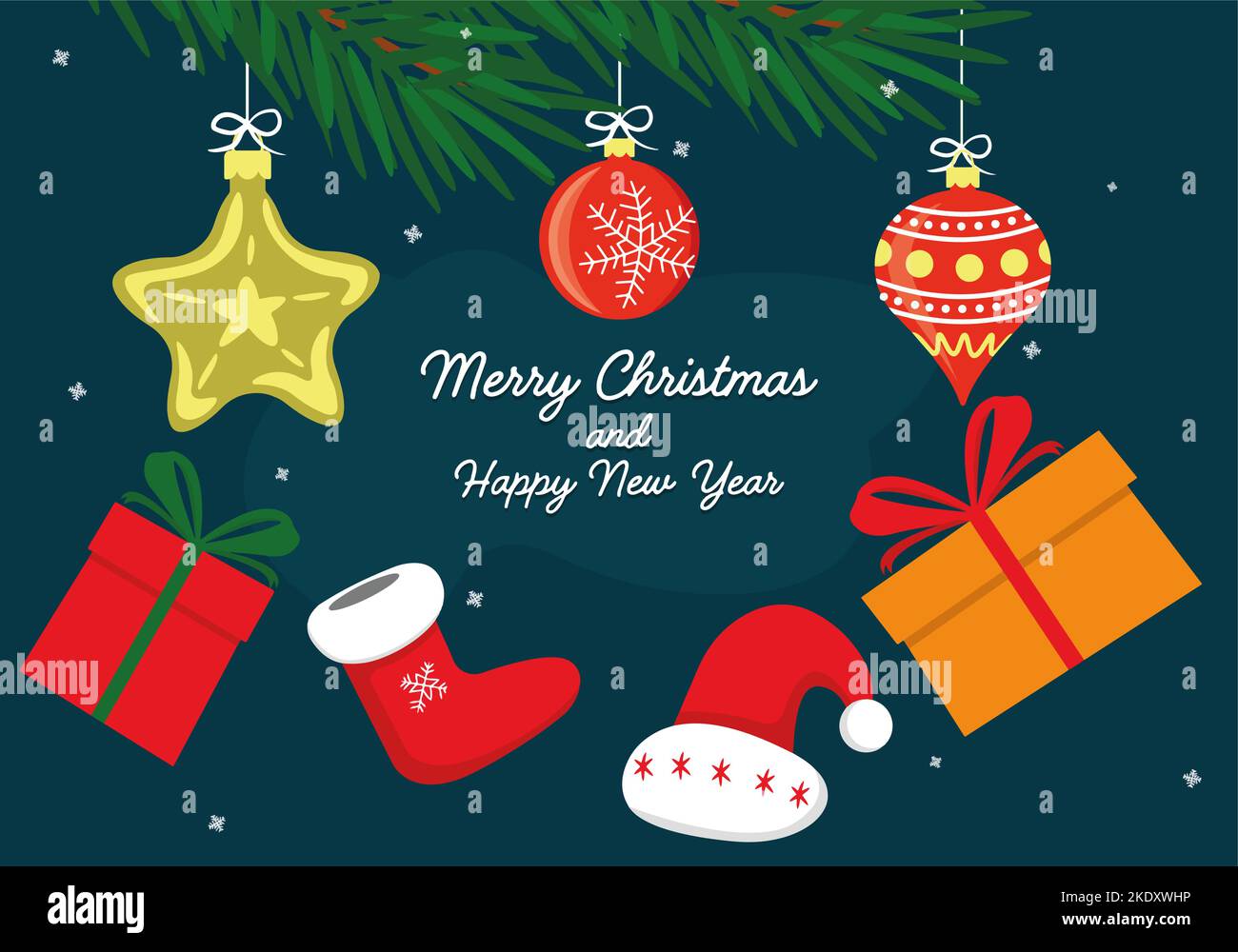 cartoon merry christmas and happy new year banner with branches, toys ...