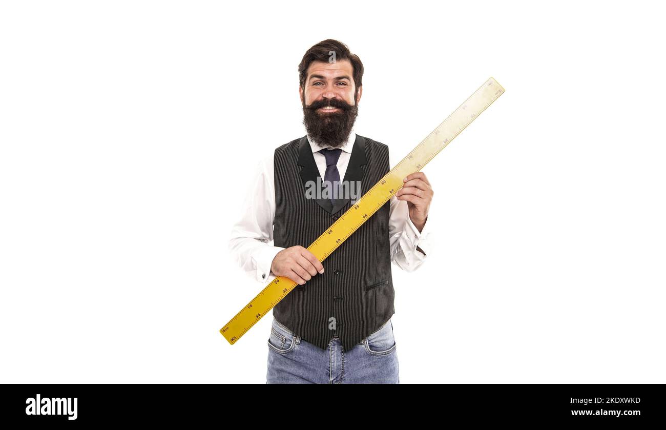 Two points determine a straight line. Happy school teacher isolated on ...