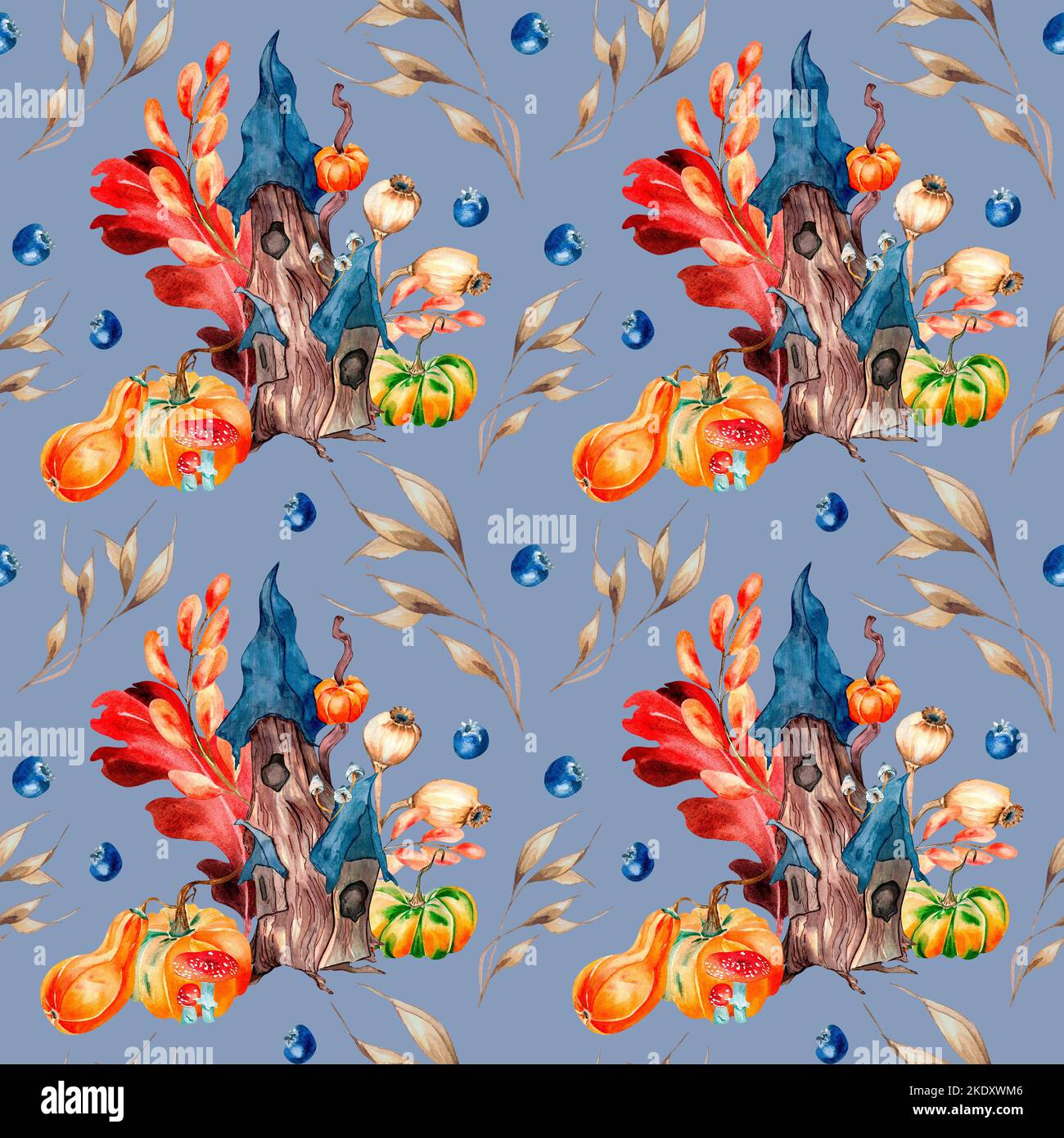 Colorful Halloween seamless pattern of cute house watercolor isolated ...