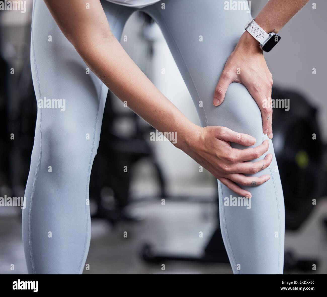 Hand, leg pain and woman at the gym in fitness fail, muscle training ...