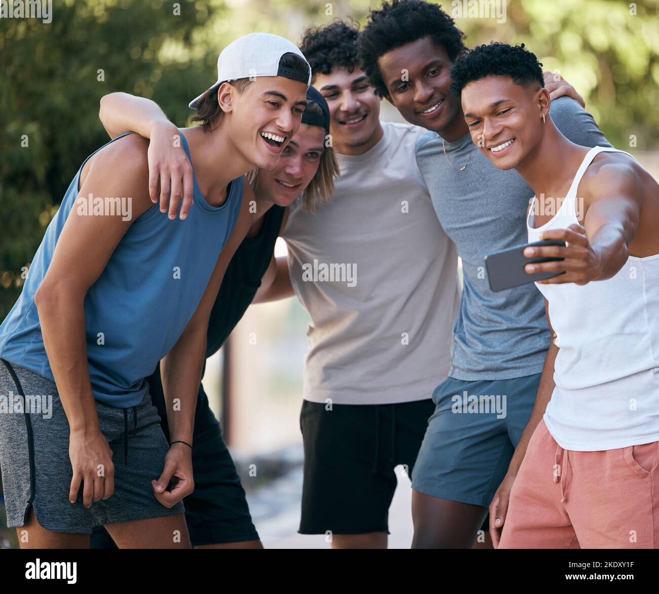 Selfie, sports and friends group with smartphone for fitness teamwork ...