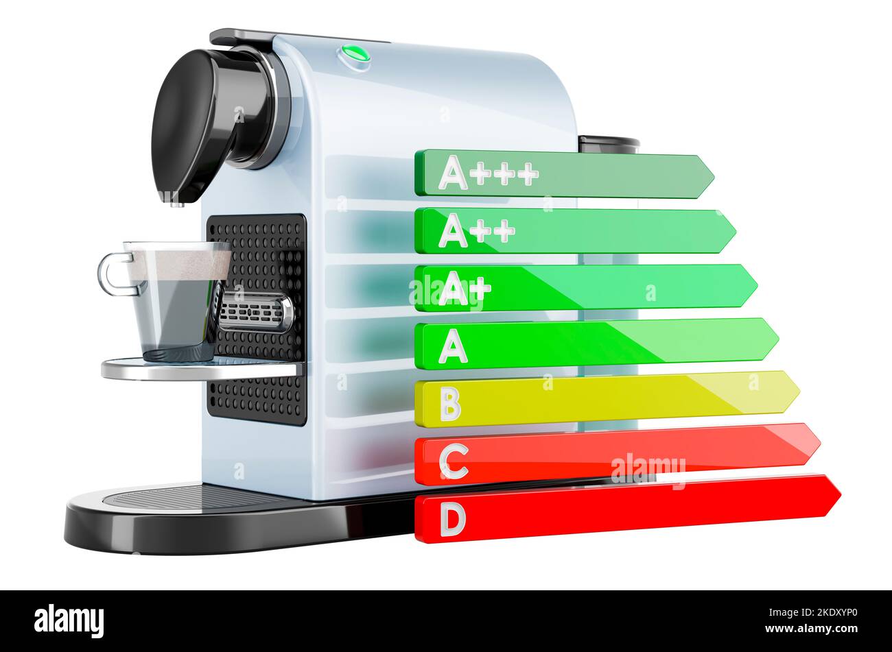 Coffee machine with energy efficiency chart, 3D rendering isolated on ...