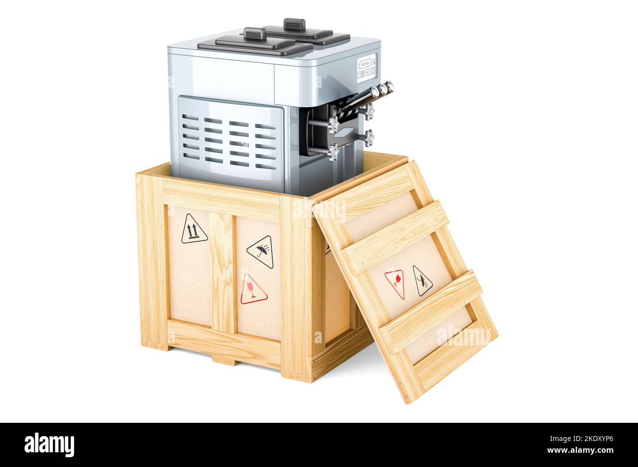 Commercial ice cream machine inside wooden box, delivery concept. 3D rendering isolated on white ...