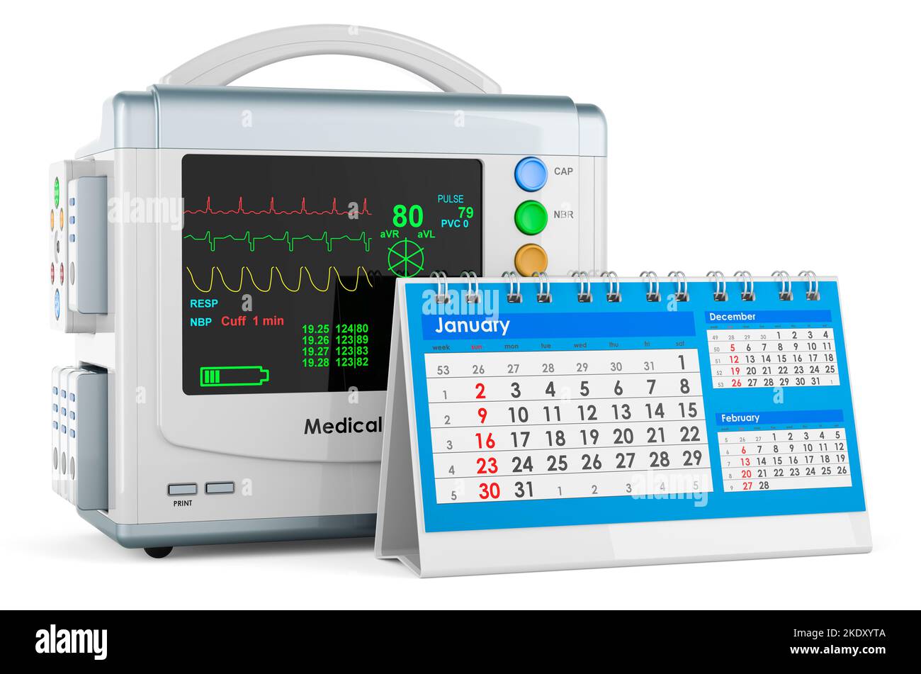 Medical monitor with desk calendar, 3D rendering isolated on white ...