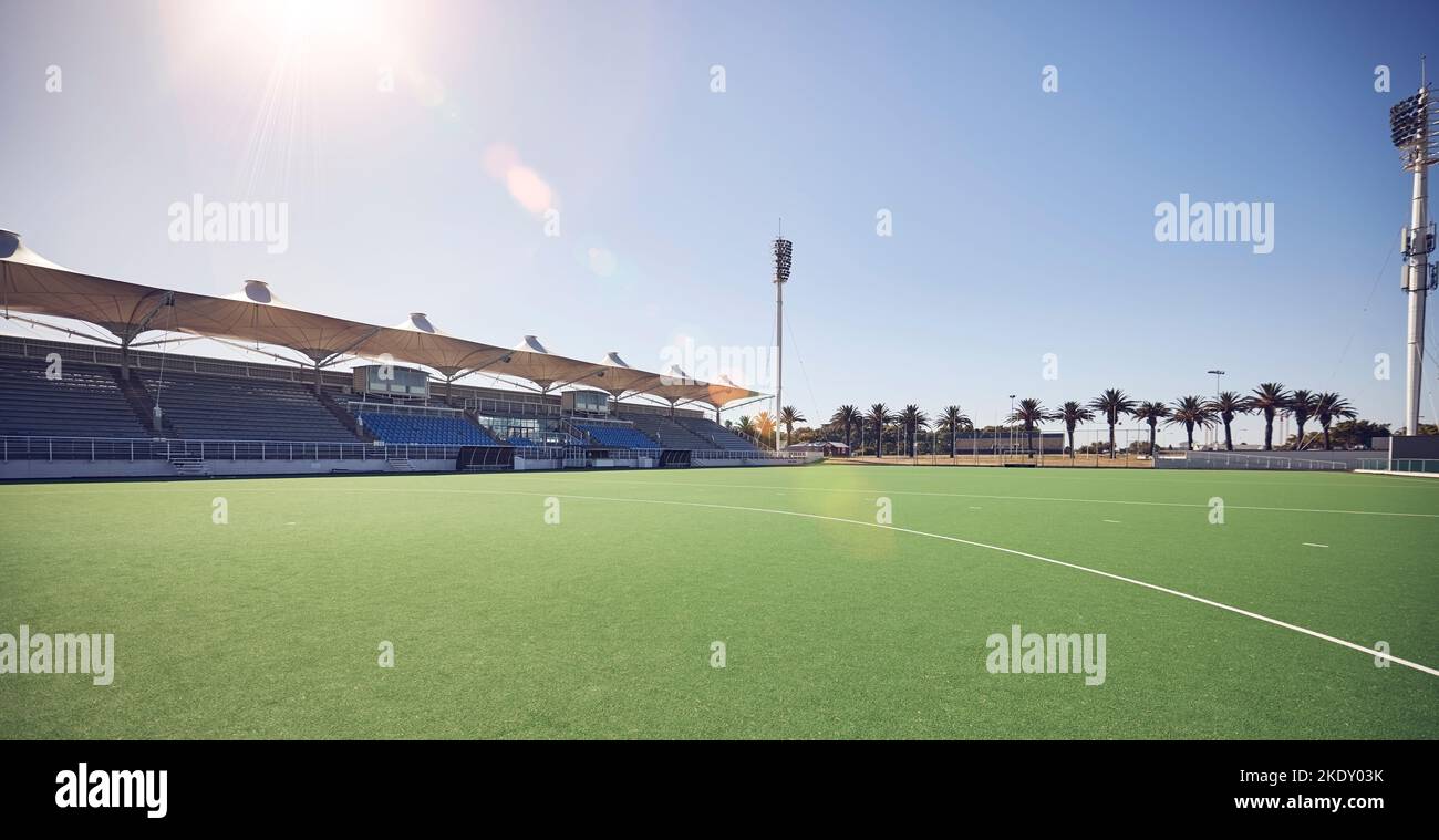 Empty sport field, outdoor grass and training stadium ground in summer ...