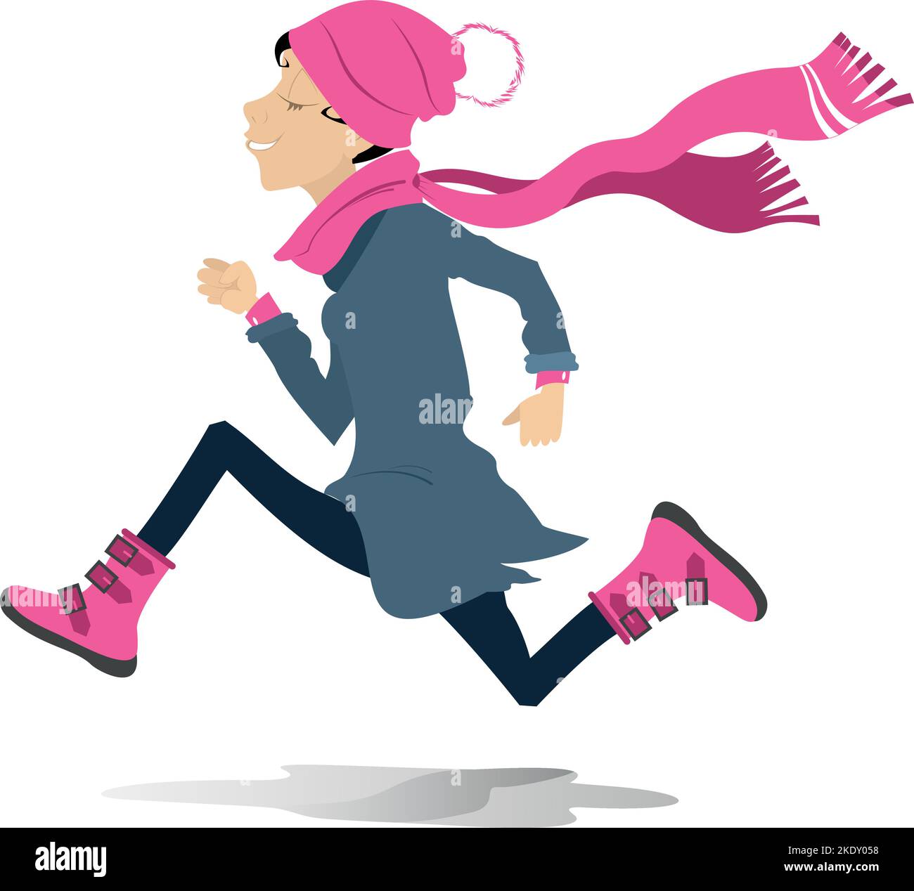 Running young woman. Funny running woman in the hat and big scarf ...