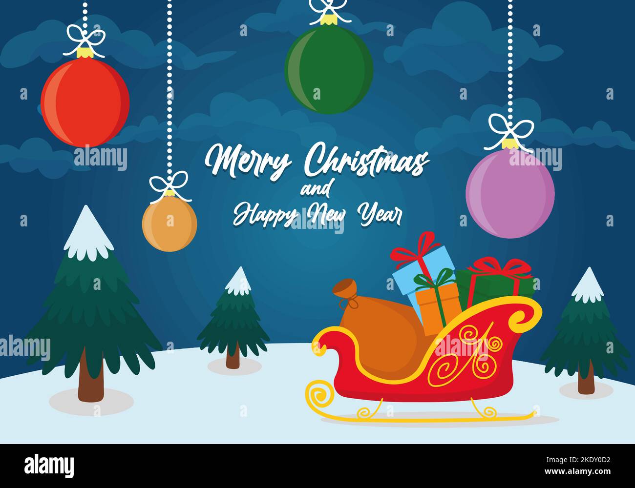 cartoon merry christmas and happy new year banner with trees, christmas ...