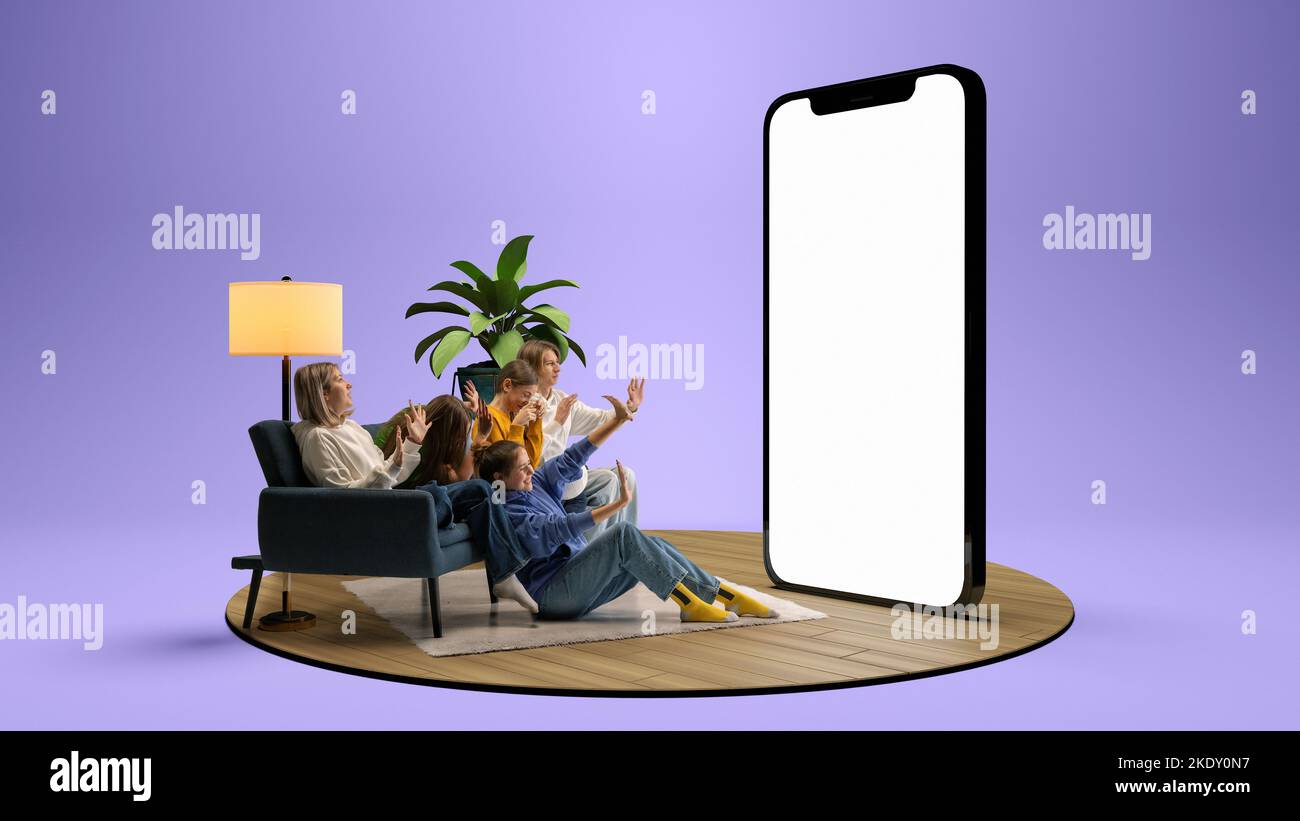 Scared young people, emotional friends watching horror movie together ...