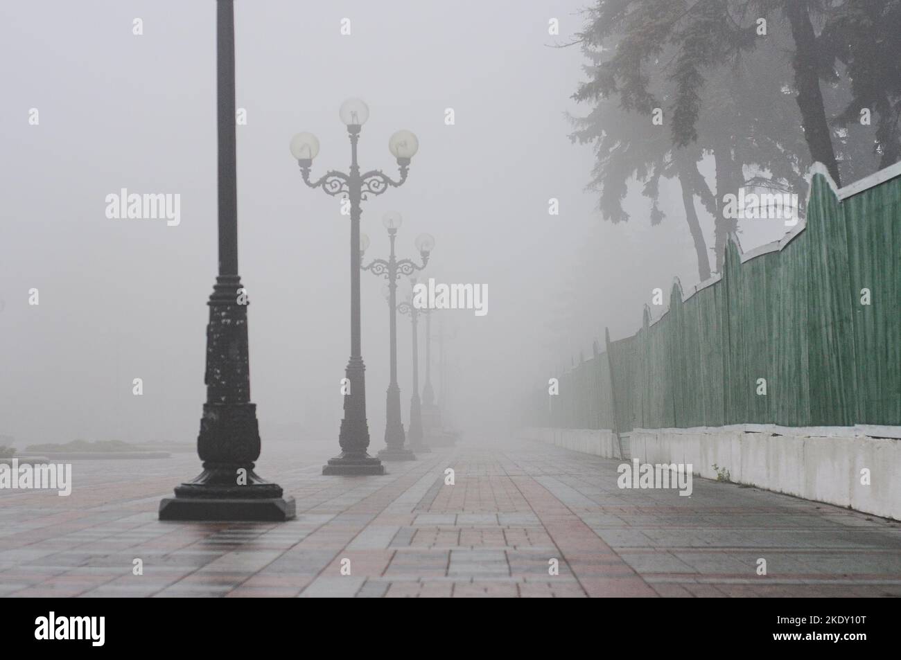Row street lights fog hi-res stock photography and images - Alamy