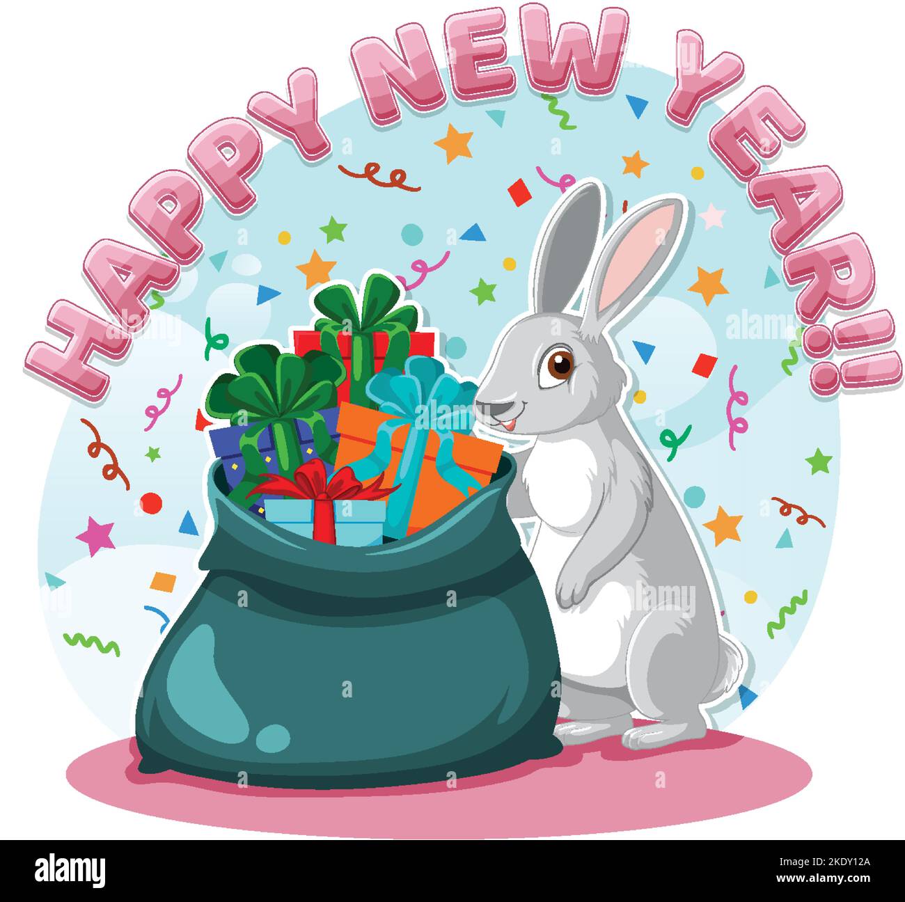 Happy New Year text with cute rabbit for banner design illustration ...
