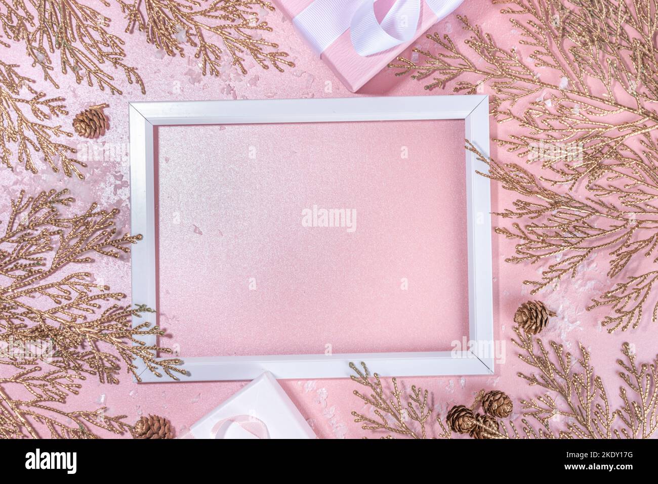 Rose gold Christmas, New Year background with golden christmas tree ...
