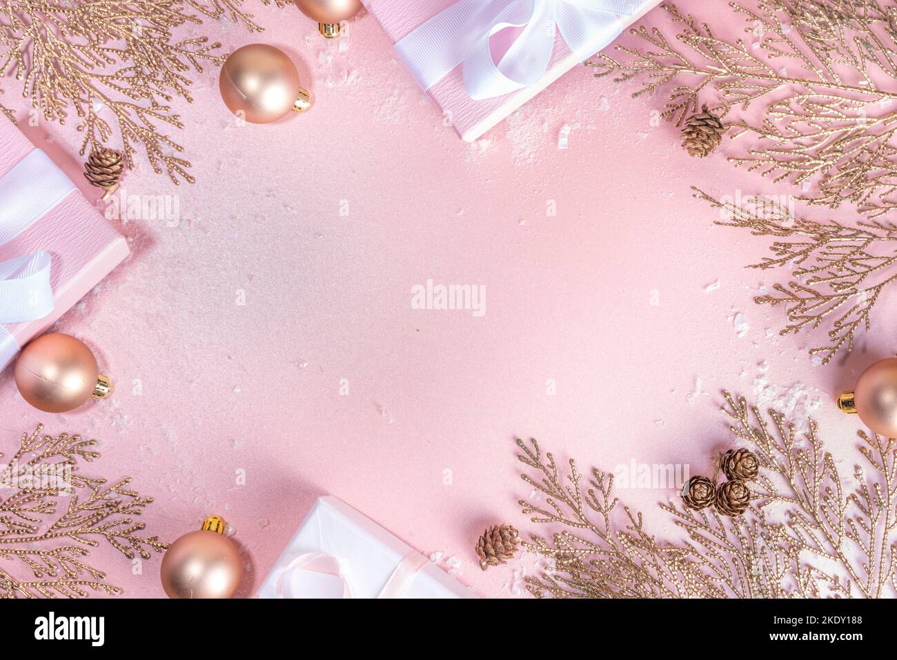 Rose gold Christmas, New Year background with golden christmas tree ...
