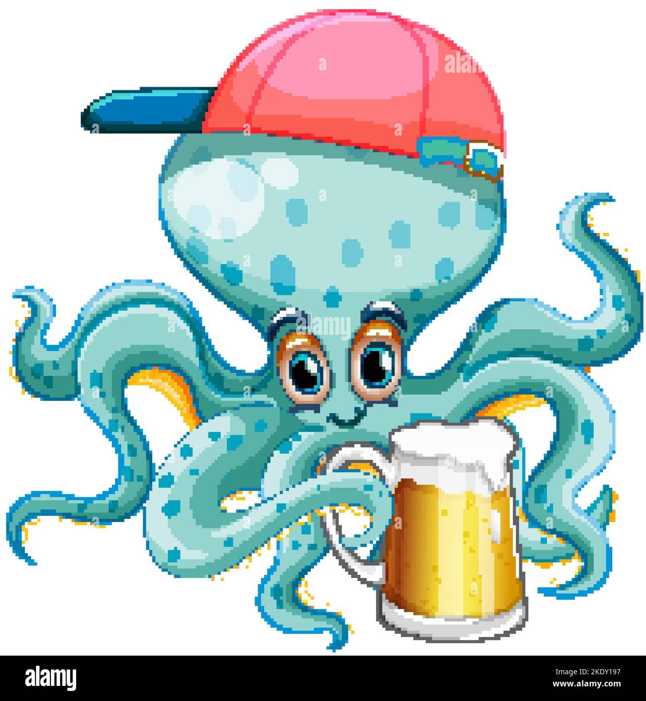 Green octopus wearing cap drinking beer illustration Stock Vector Image ...