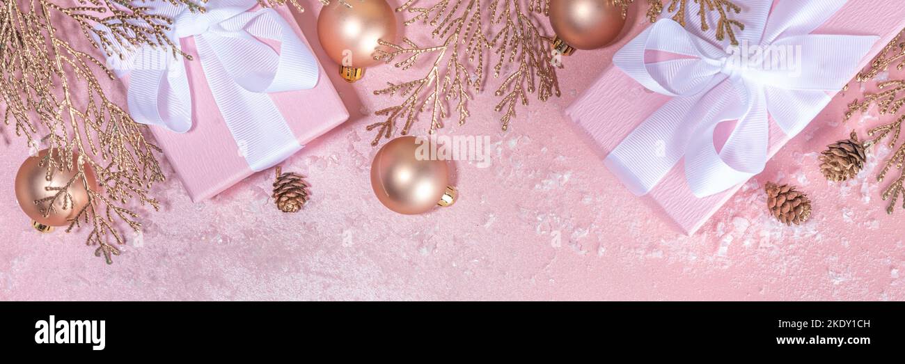 Rose gold Christmas, New Year background with golden christmas tree ...