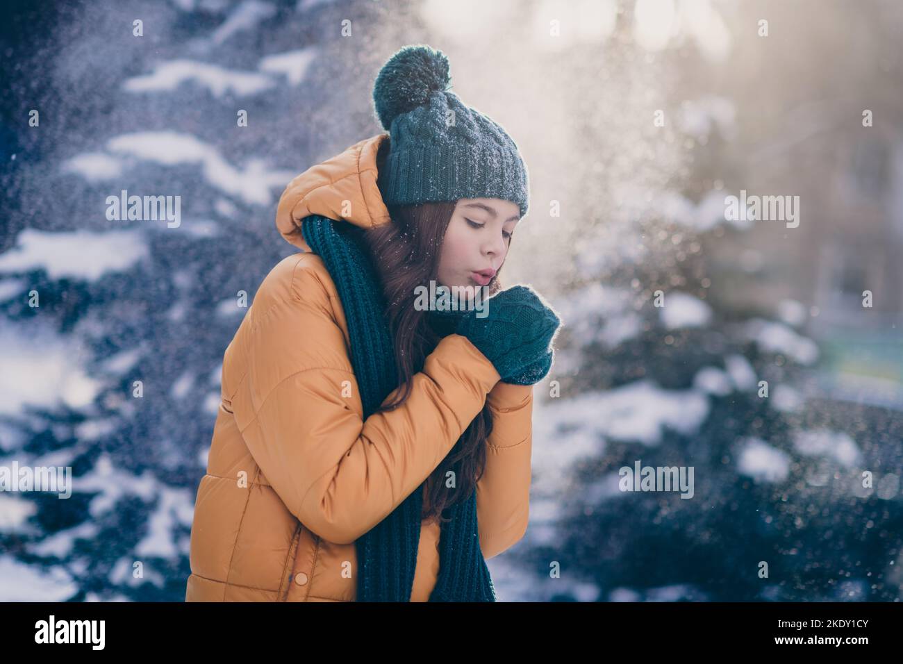 Photo of adorable cute schoolgirl wear windbreaker jacket blowing cold ...