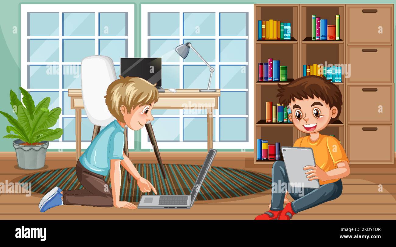 Children using technology devices at home illustration Stock Vector ...