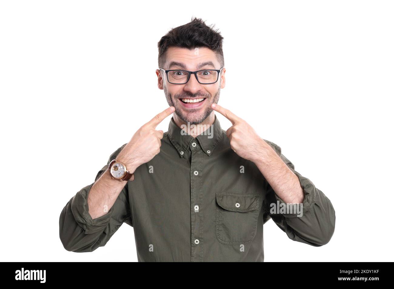 caucasian director pointing finger on smile in studio. director ...