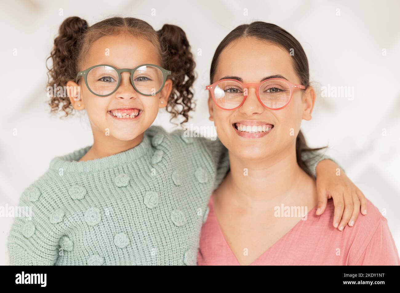 Mom, daughter smile and glasses portrait for strong eyes, vision and ...