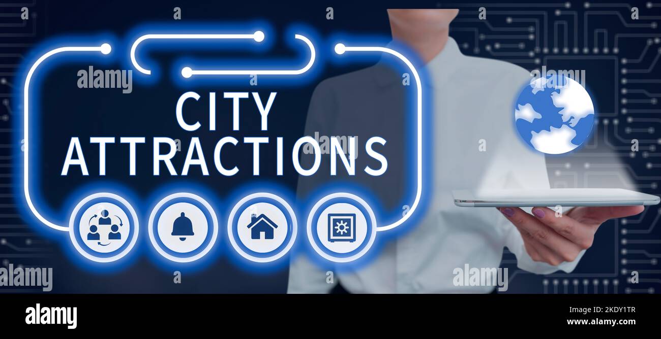 Hand writing sign City Attractions, Word Written on place that showing ...