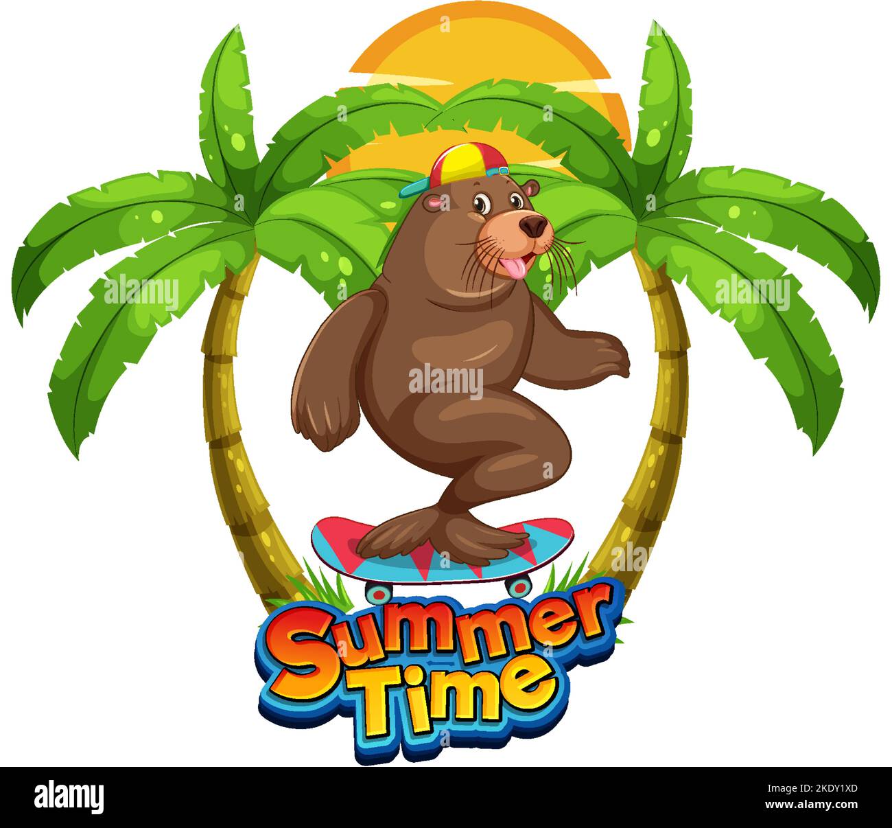 Sea lion cartoon character with summer time word illustration Stock ...