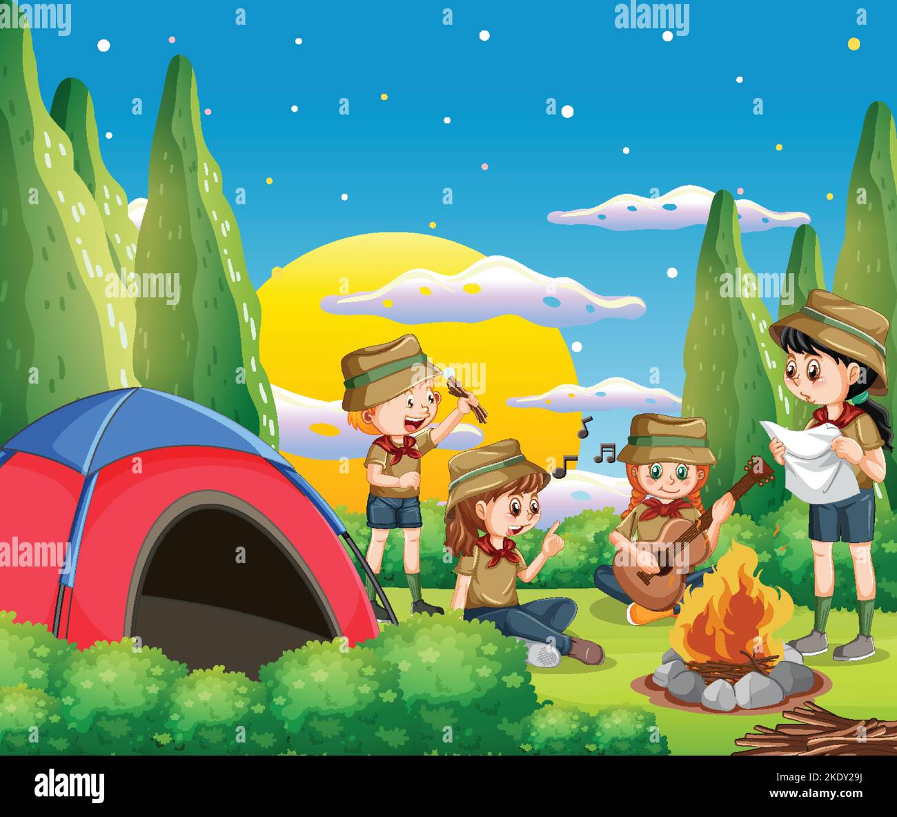 Outdoor Scene With Children Camping Illustration Stock Vector Image