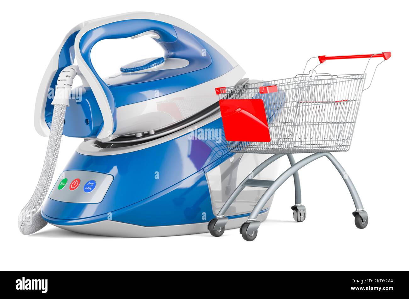 Steam generator iron with shopping cart, 3D rendering isolated on white ...