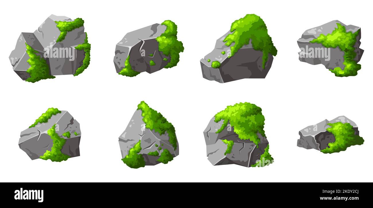 Set forest rock with moss. Gray stone brocken in cartoon. Mountain part ...