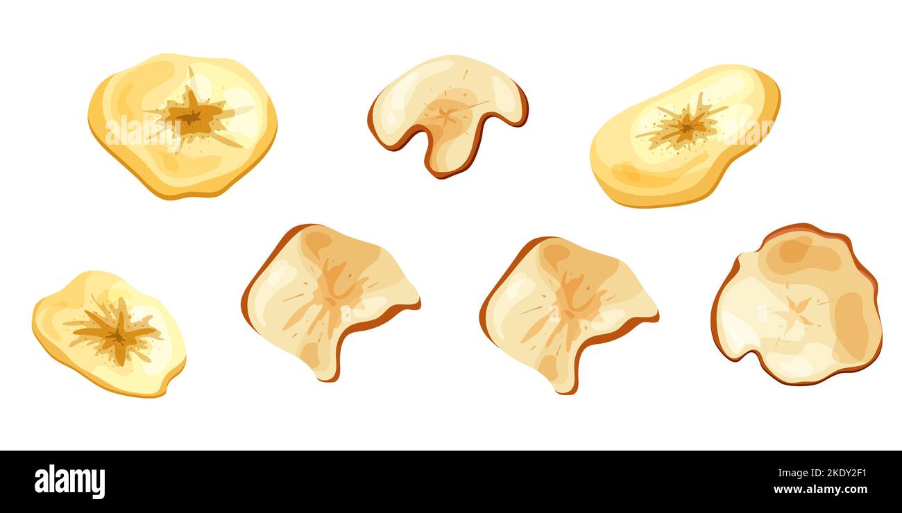 Banana and apple chips dried fruit snack. Round isolated slices cartoon ...