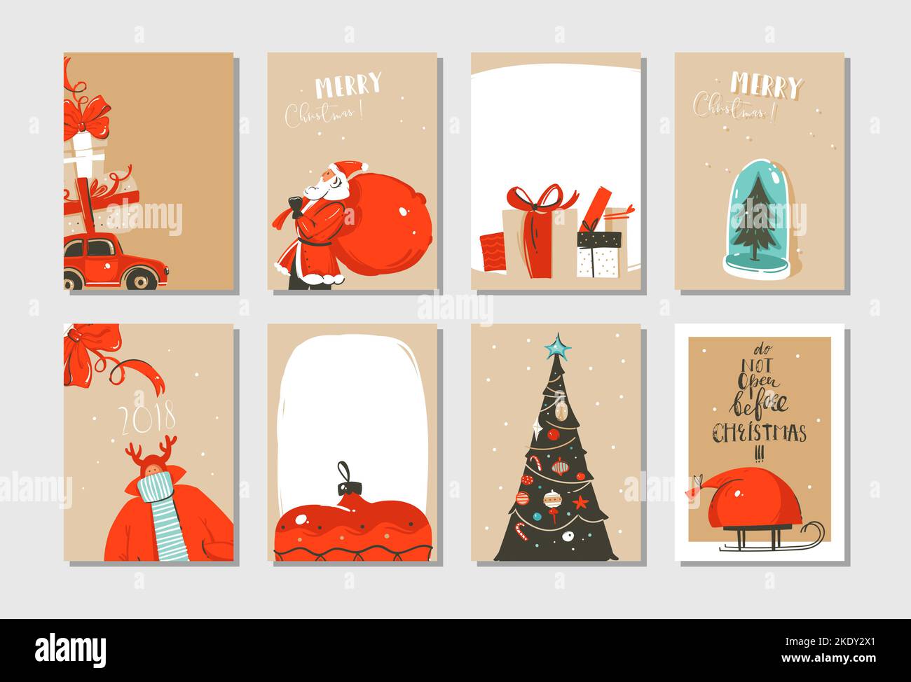 Hand drawn vector abstract fun Merry Christmas time cartoon cards ...