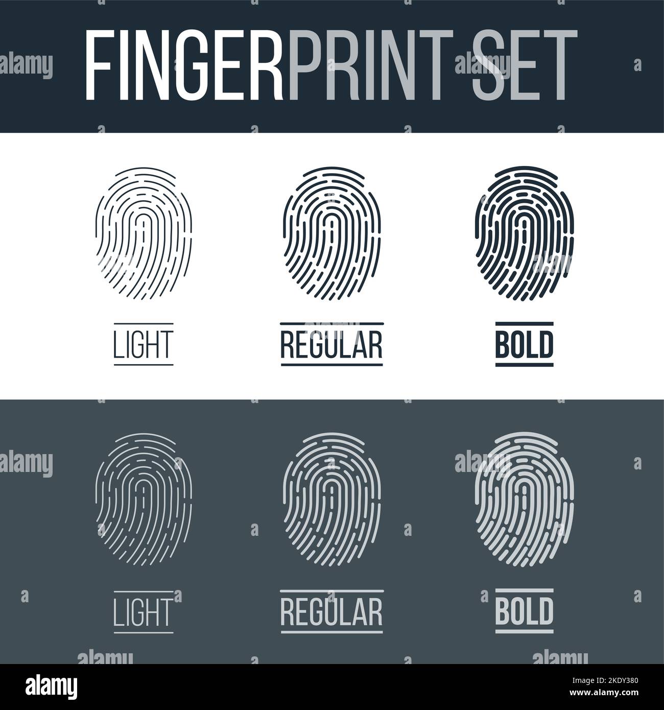Set of Fingerprints Icons for Security ID on Dark and White Background ...