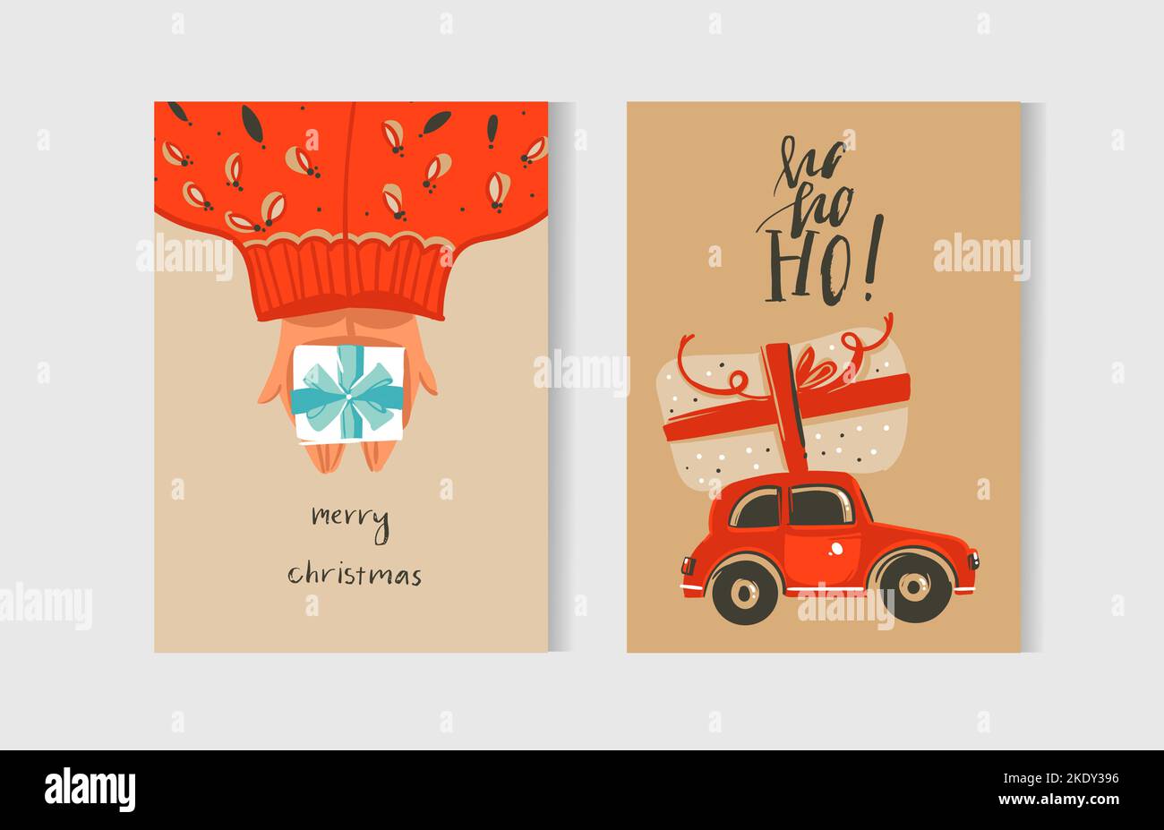 Hand drawn vector abstract fun Merry Christmas time cartoon cards ...