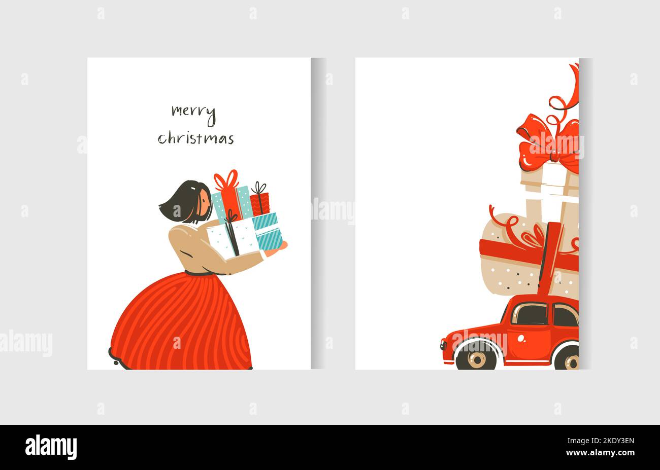 Hand drawn vector abstract fun Merry Christmas time cartoon cards ...