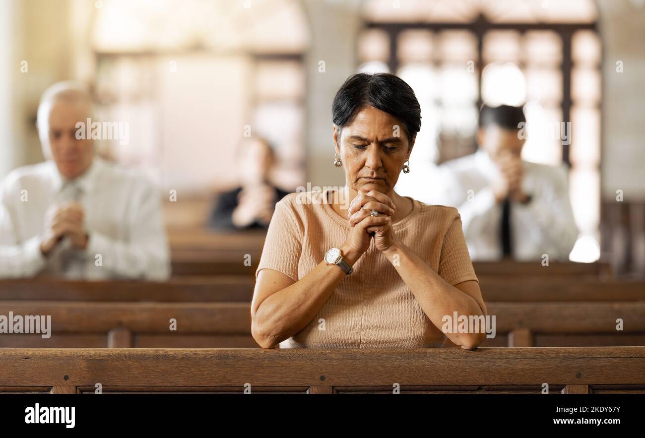 Faith, woman and praying in church, religion and spiritual connect ...