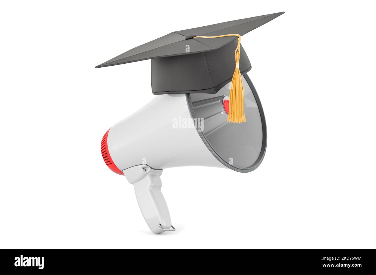 Megaphone with graduation cap. 3D rendering isolated on white ...