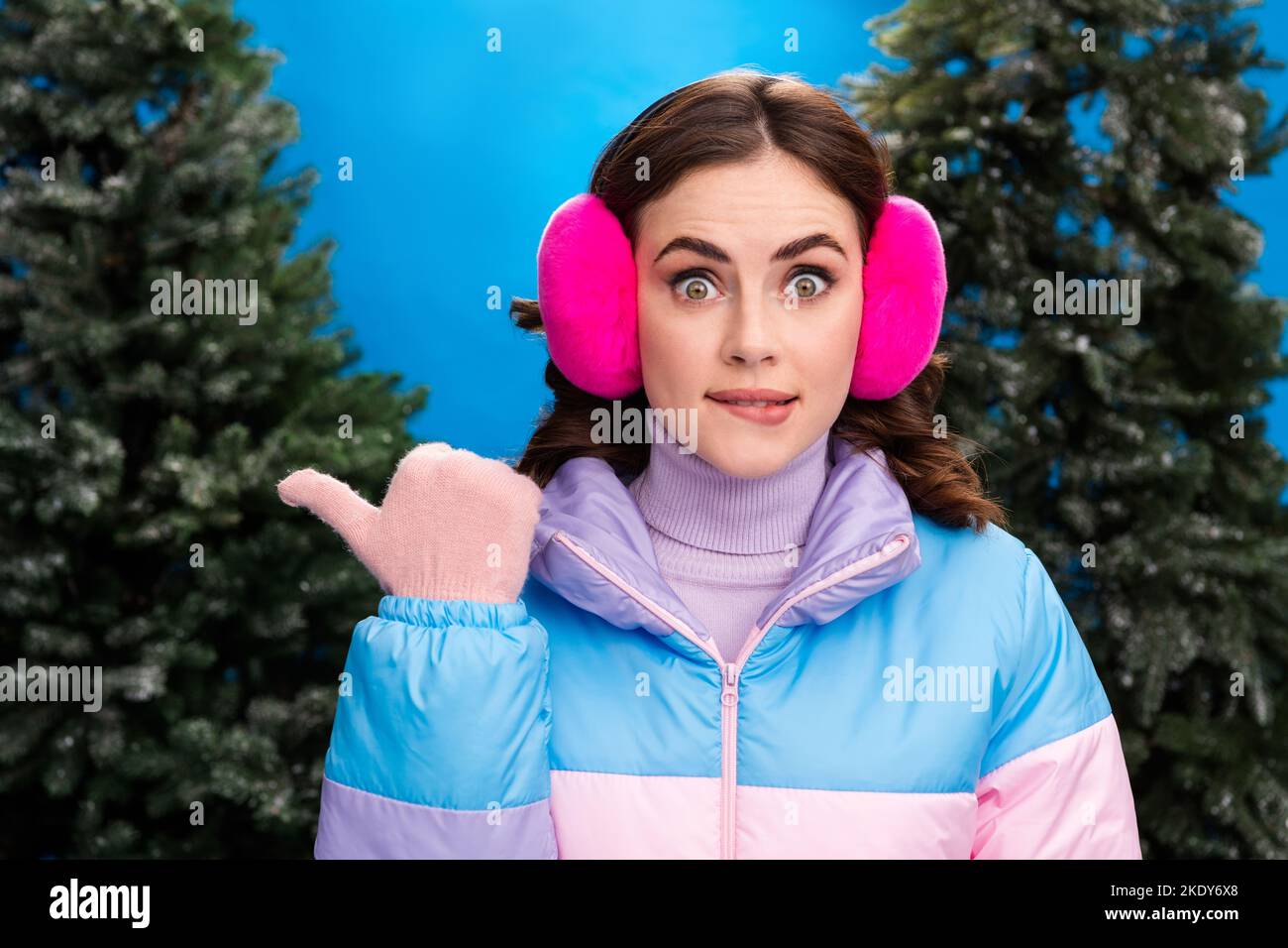 Close up photo of worried nervous lady hand direct empty space mistake ...