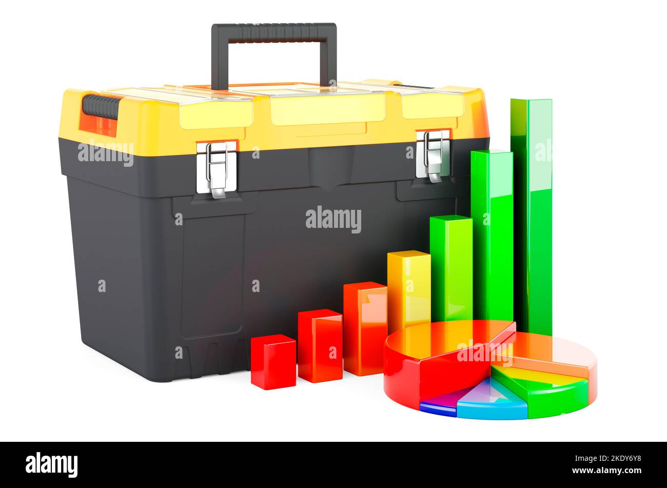 Toolbox with growth bar graph and pie chart, 3D rendering isolated on ...